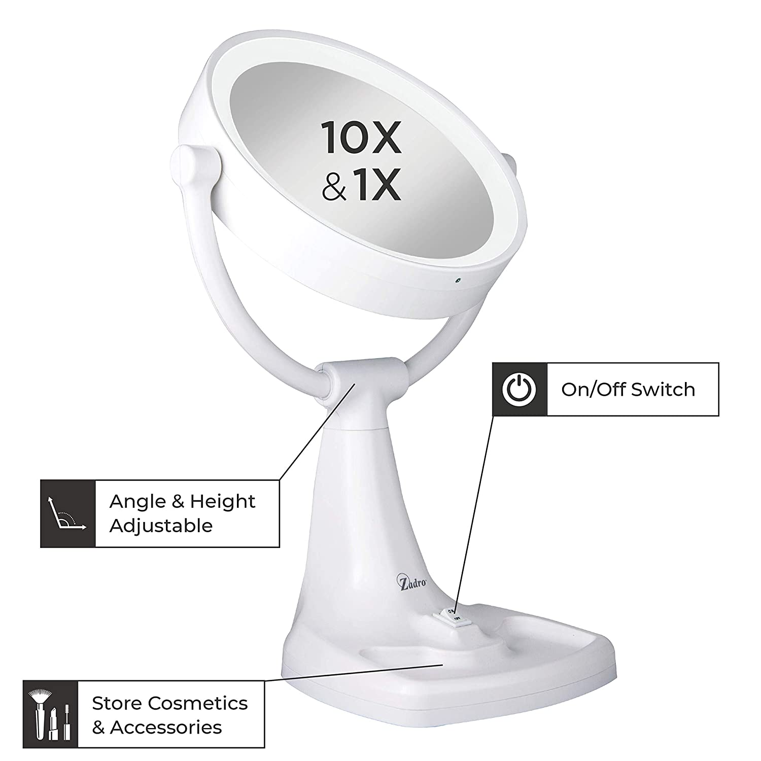 Zadro Max Bright Sunlight Dual Sided Vanity Mirror, White, 10X/1X ...