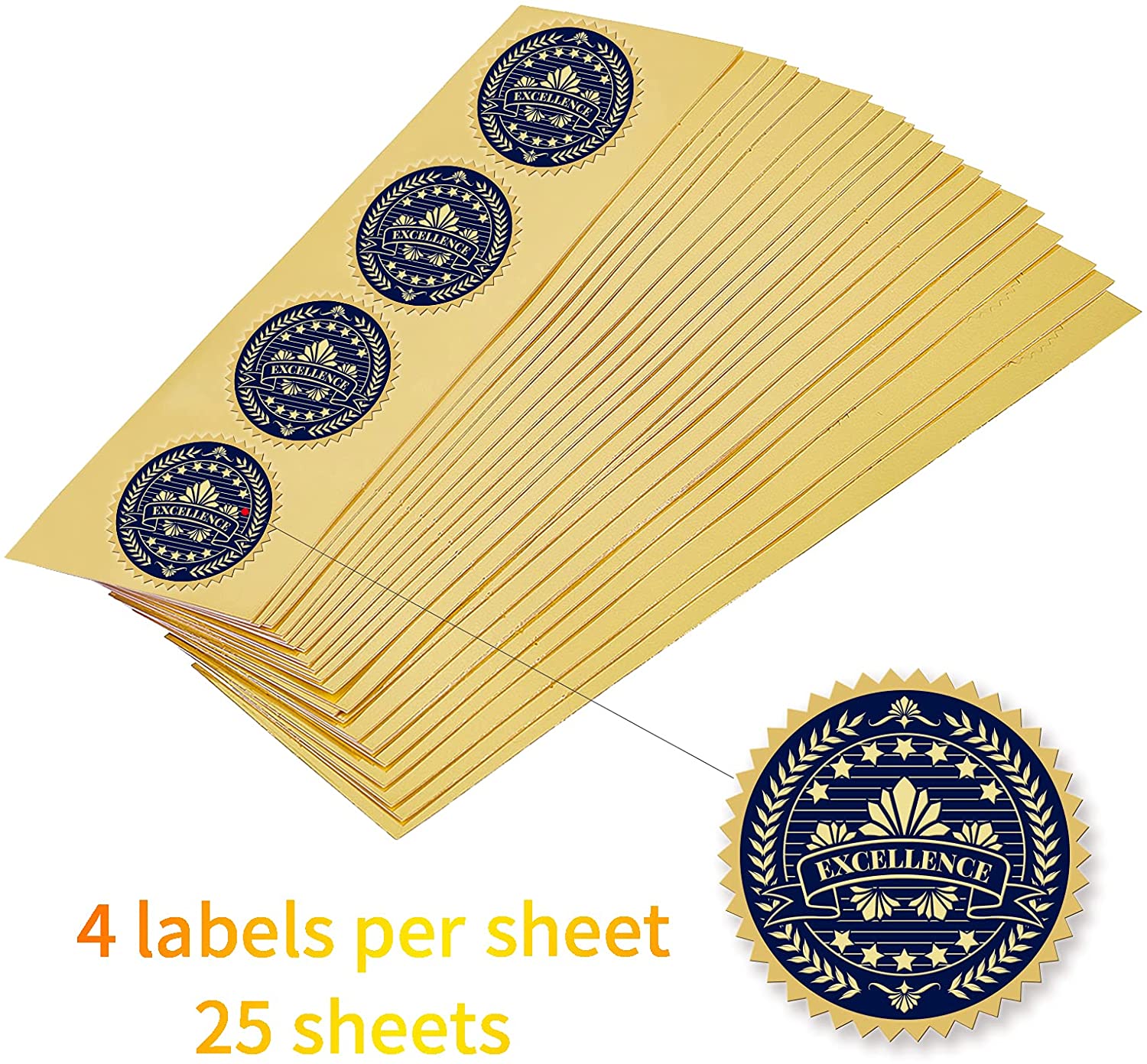 CRASPIRE Gold Foil Certificate Seals Excellence 2" Round Self Adhesive ...