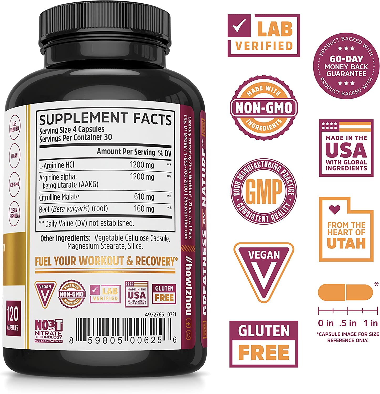 Zhou Nitric Oxide with L Arginine, Citrulline Malate, AAKG and Beet ...