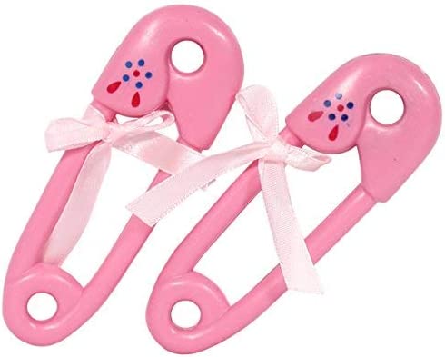 Unique Pink Diaper Pin with Ribbon Girl Baby Shower Favors, 4 Count