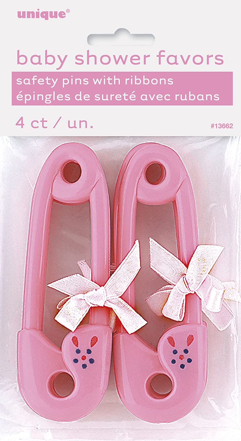Unique Pink Diaper Pin with Ribbon Girl Baby Shower Favors, 4 Count