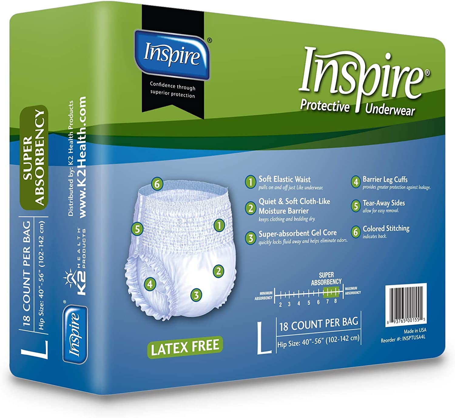 Inspire Adult Diaper Incontinence Underwear, Large, 72 count