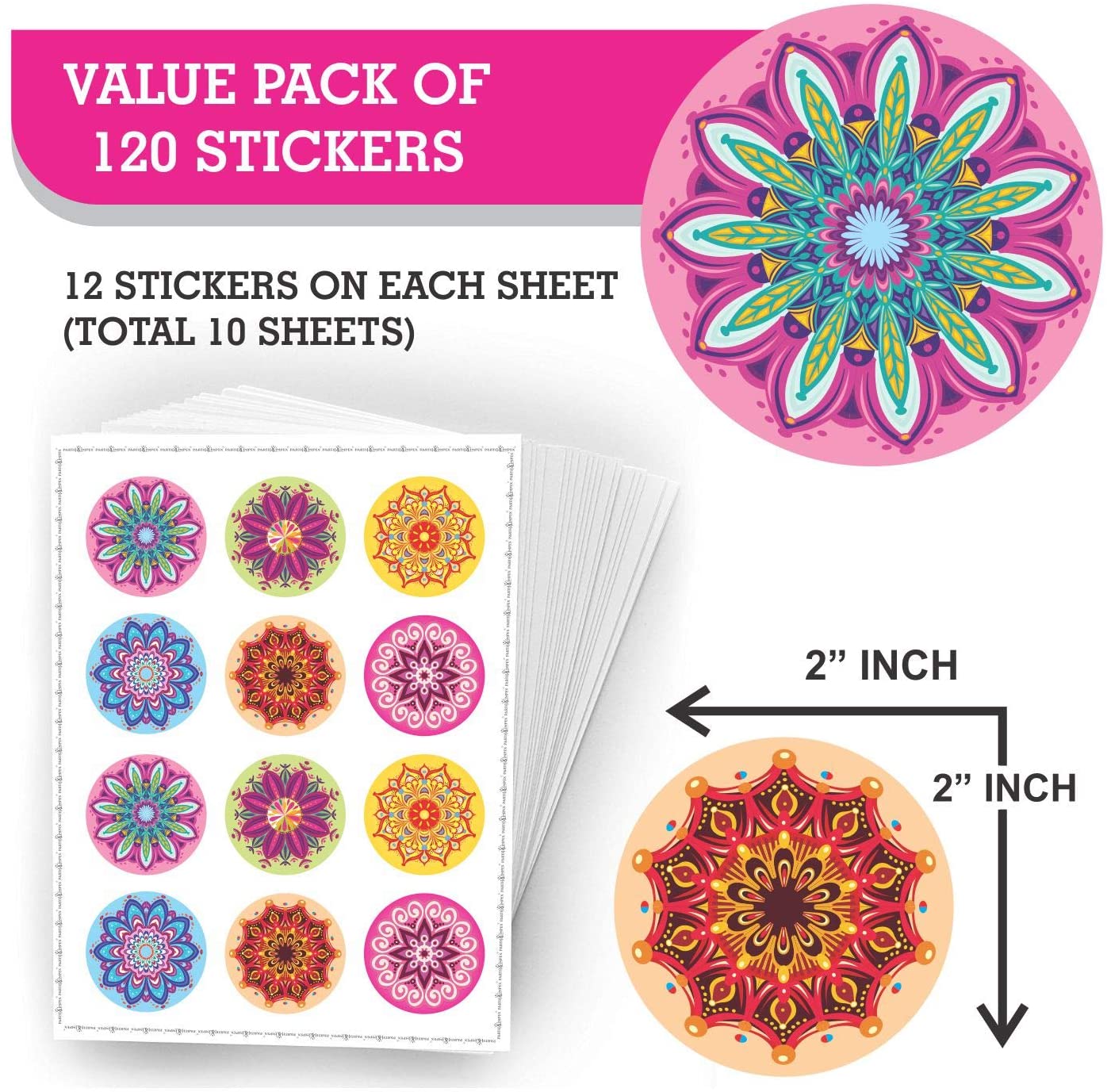 Mandala Stickers Seals Labels - (Pack of 120) 2" Large Round Decals for ...