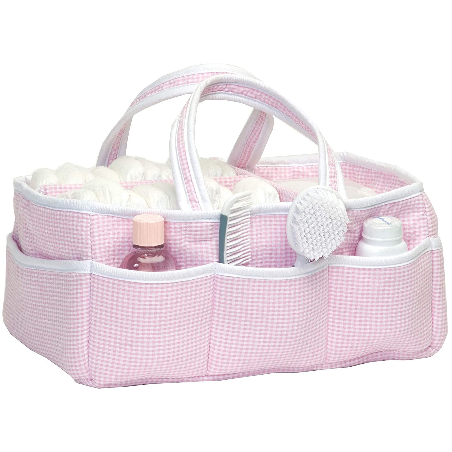 Pink Gingham Seersucker Nursery Diaper Storage Caddy - Portable ...