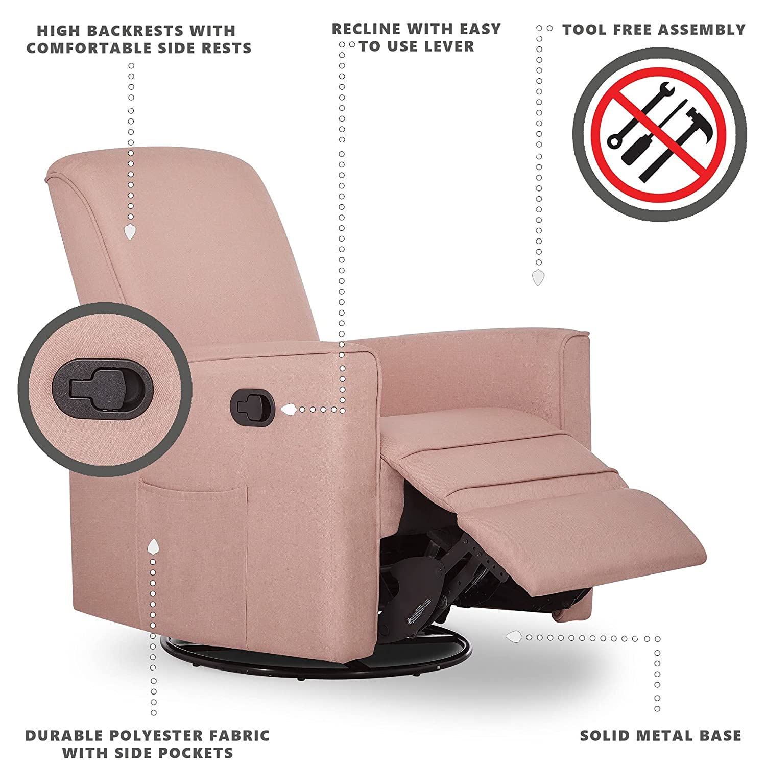Evolur Raleigh Basic Glider, Recliner and Rocker in Pink