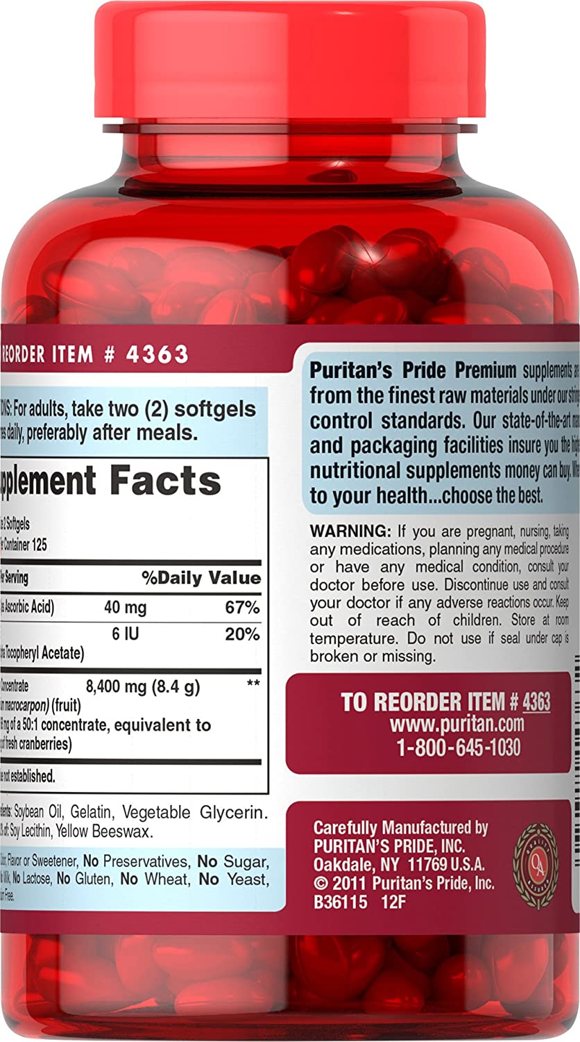 Puritans Pride Cranberry Fruit Concentrate with C & E 4200 Mg, 250 Count