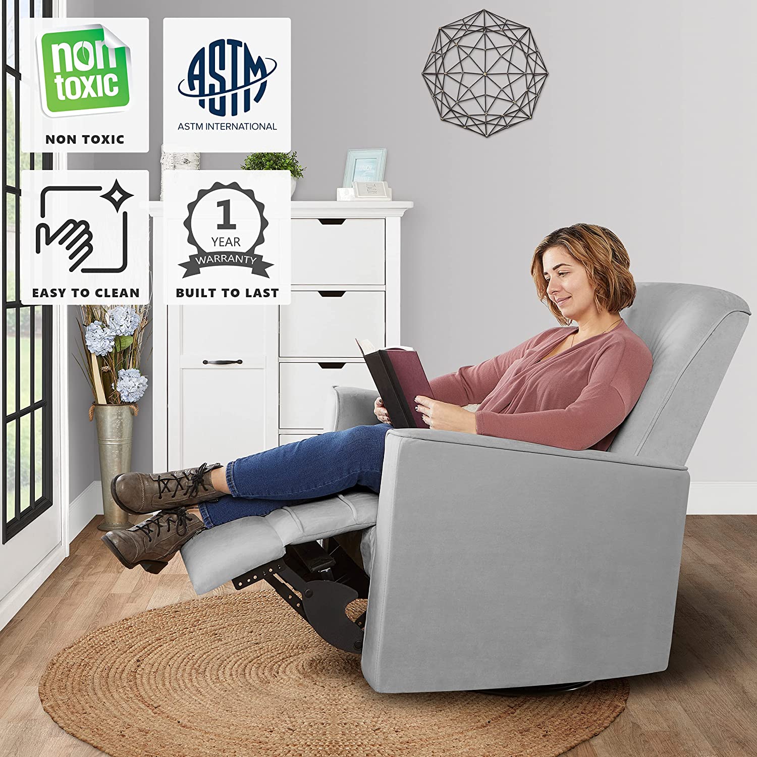 Evolur Raleigh Basic Glider, Recliner and Rocker in Grey