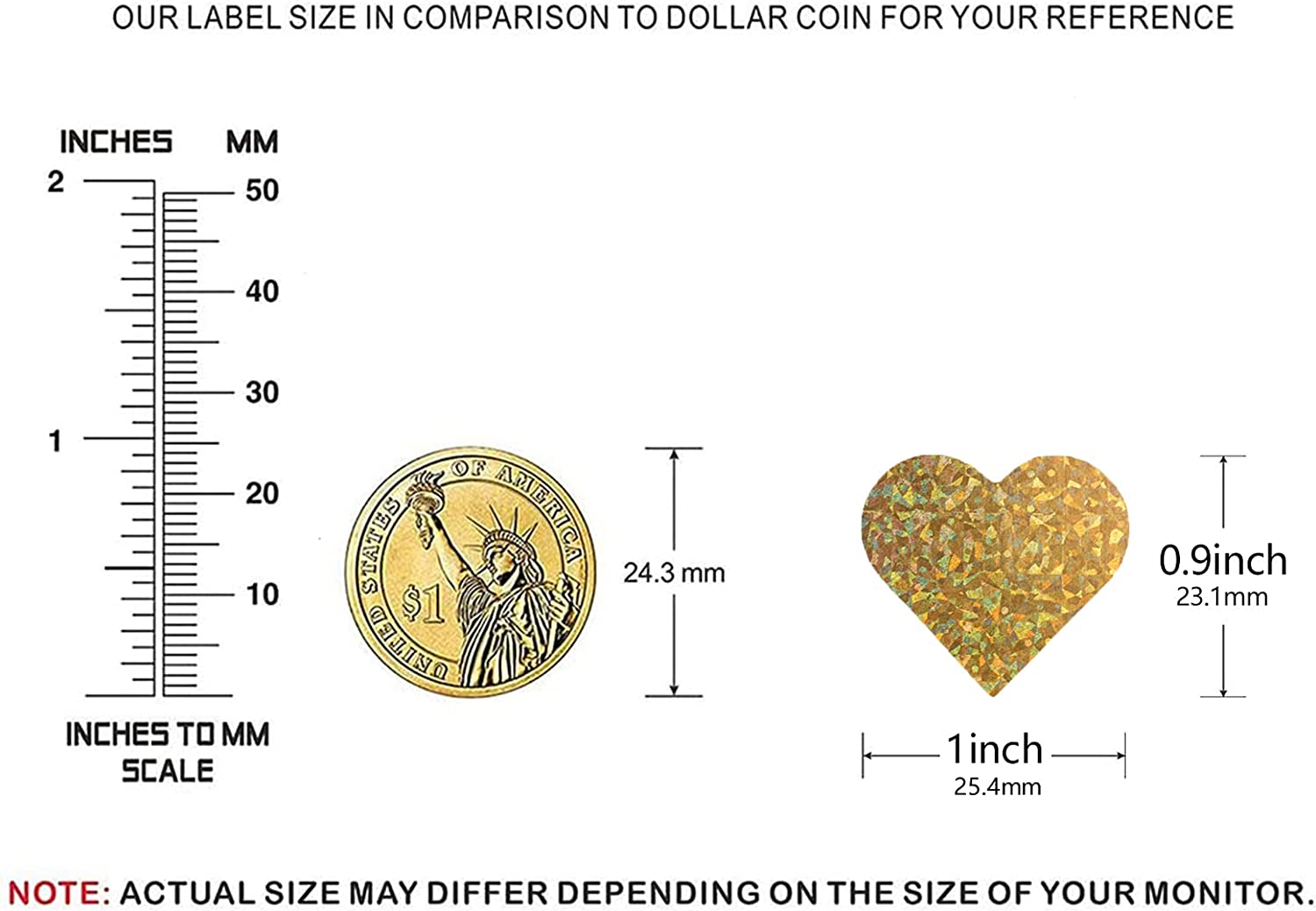 Mercei 1" (2.5cm) Gold Heart Stickers with Glitter Holographic Gravel ...