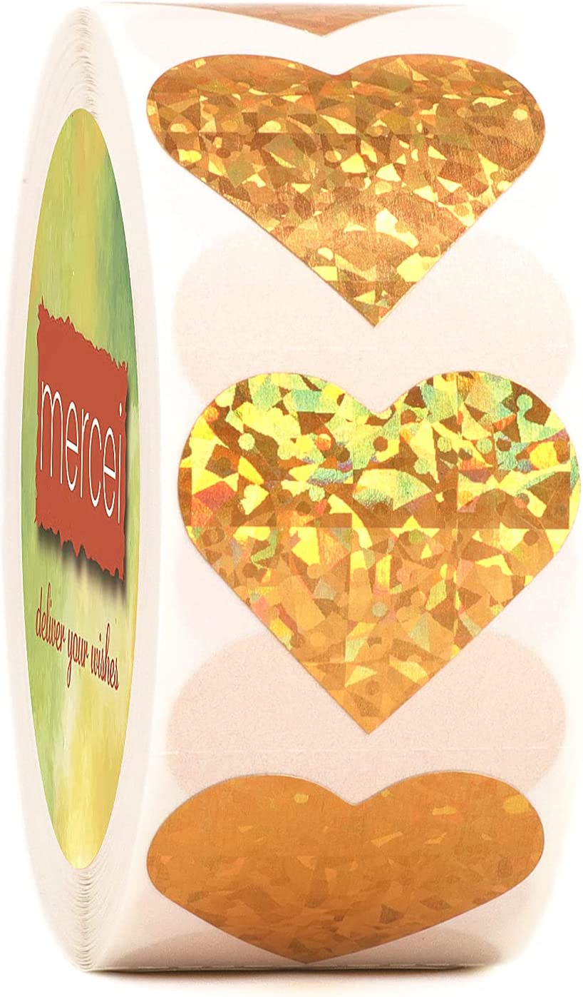 Mercei 1" (2.5cm) Gold Heart Stickers with Glitter Holographic Gravel ...