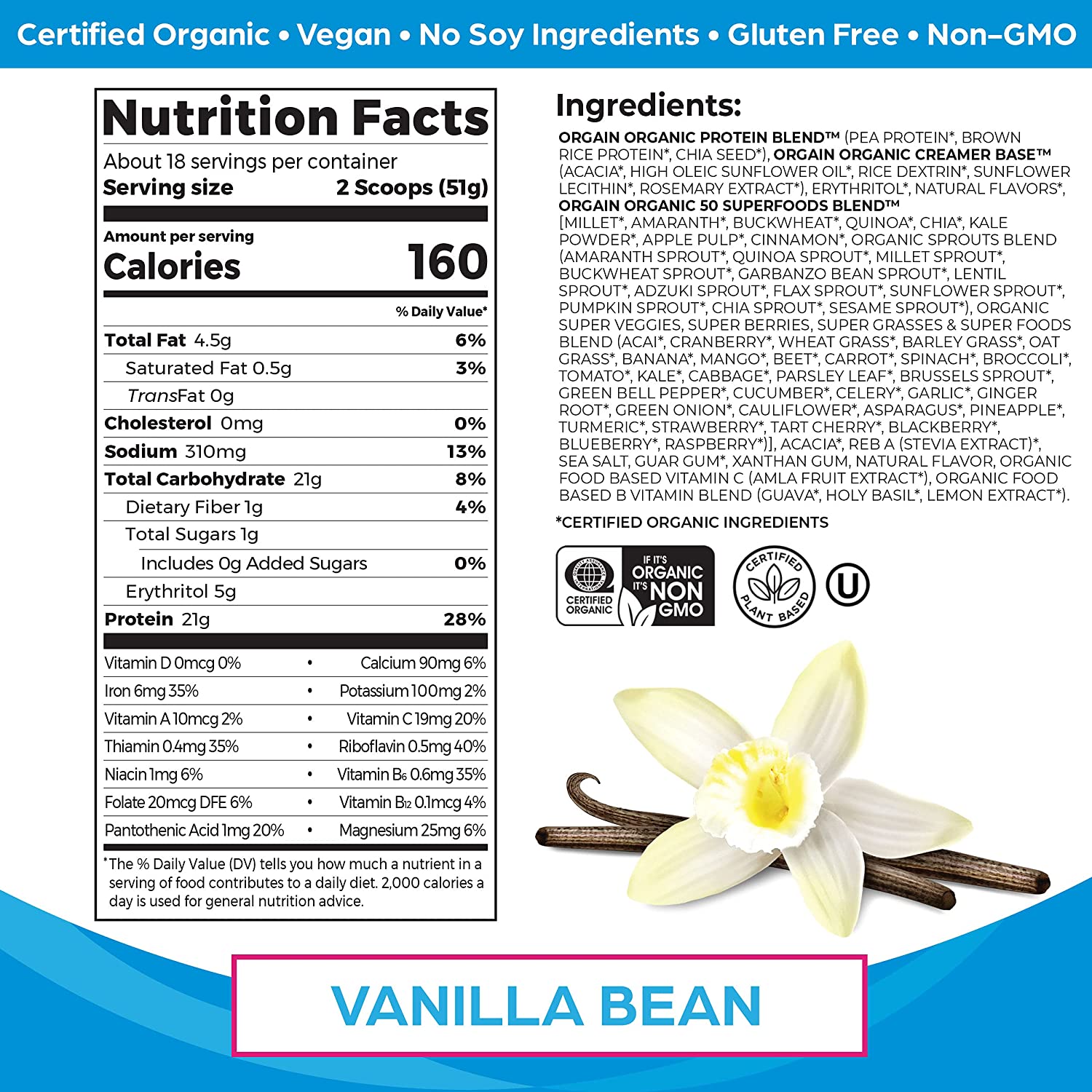 Orgain Organic Protein + Superfoods Powder, Vanilla Bean - 21g of ...