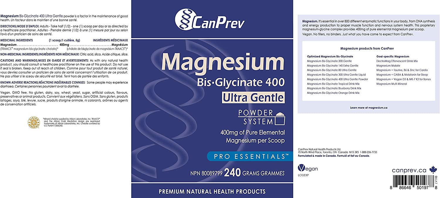 CanPrev Magnesium Bis-Glycinate (400mg Ultra Gentle Powder, 240g)