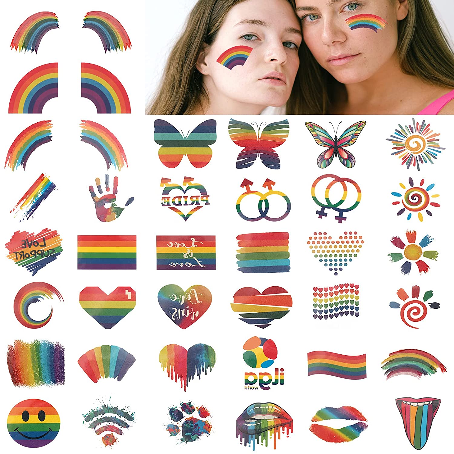 Allstarry 40 pcs Temporary Tattoos Pride Rainbow Waterproof Lasting ...
