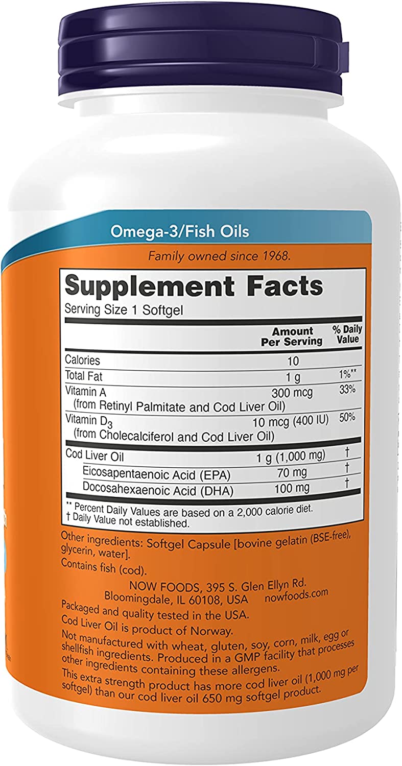 NOW Supplements, Cod Liver Oil, Extra Strength 1,000 mg with Vitamins A & D-3, EPA, DHA, 180 ...