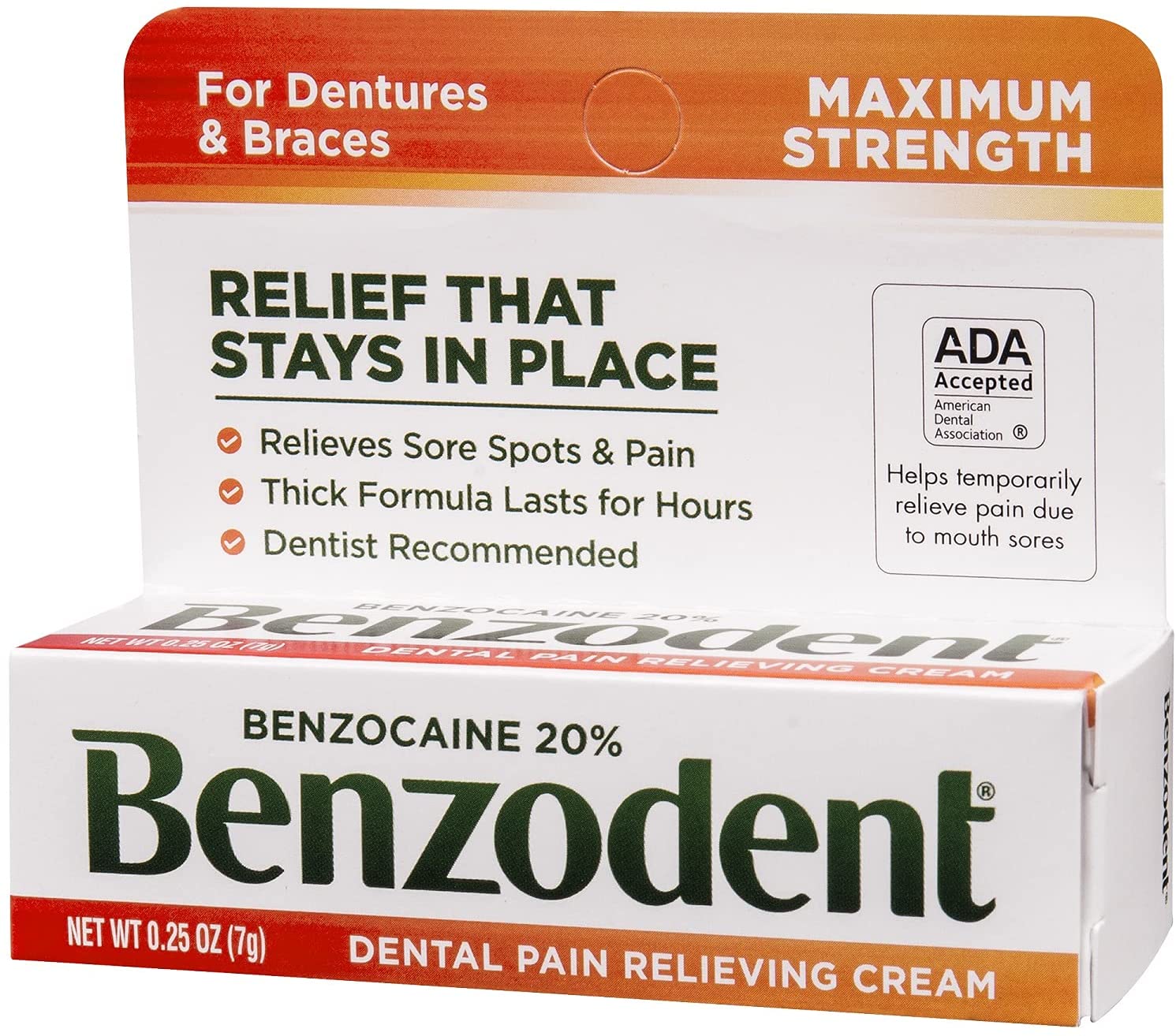 Benzodent Dental Pain Relieving Cream for Dentures and Braces, 0.25 ...