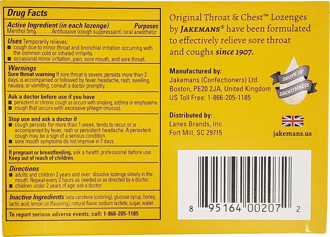 Jakemans Throat and Chest Lozenges - Honey and Lemon - 24 Pack