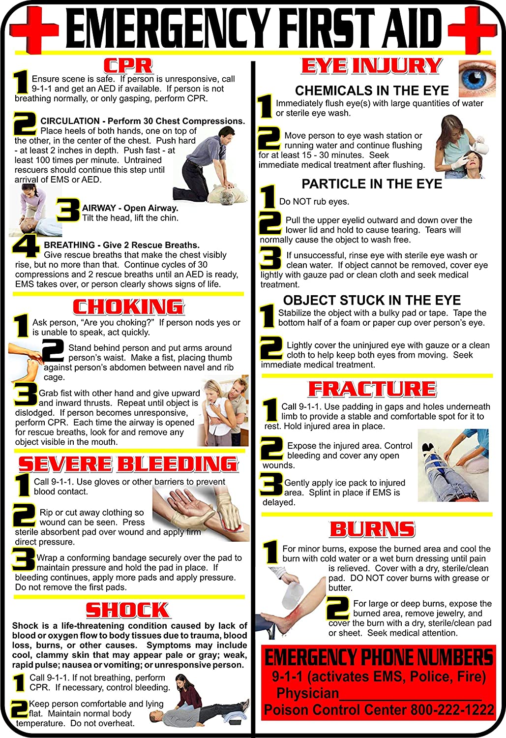 First Aid and Choking Poster, 11" x 17", Laminated, Includes CPR, Shock ...