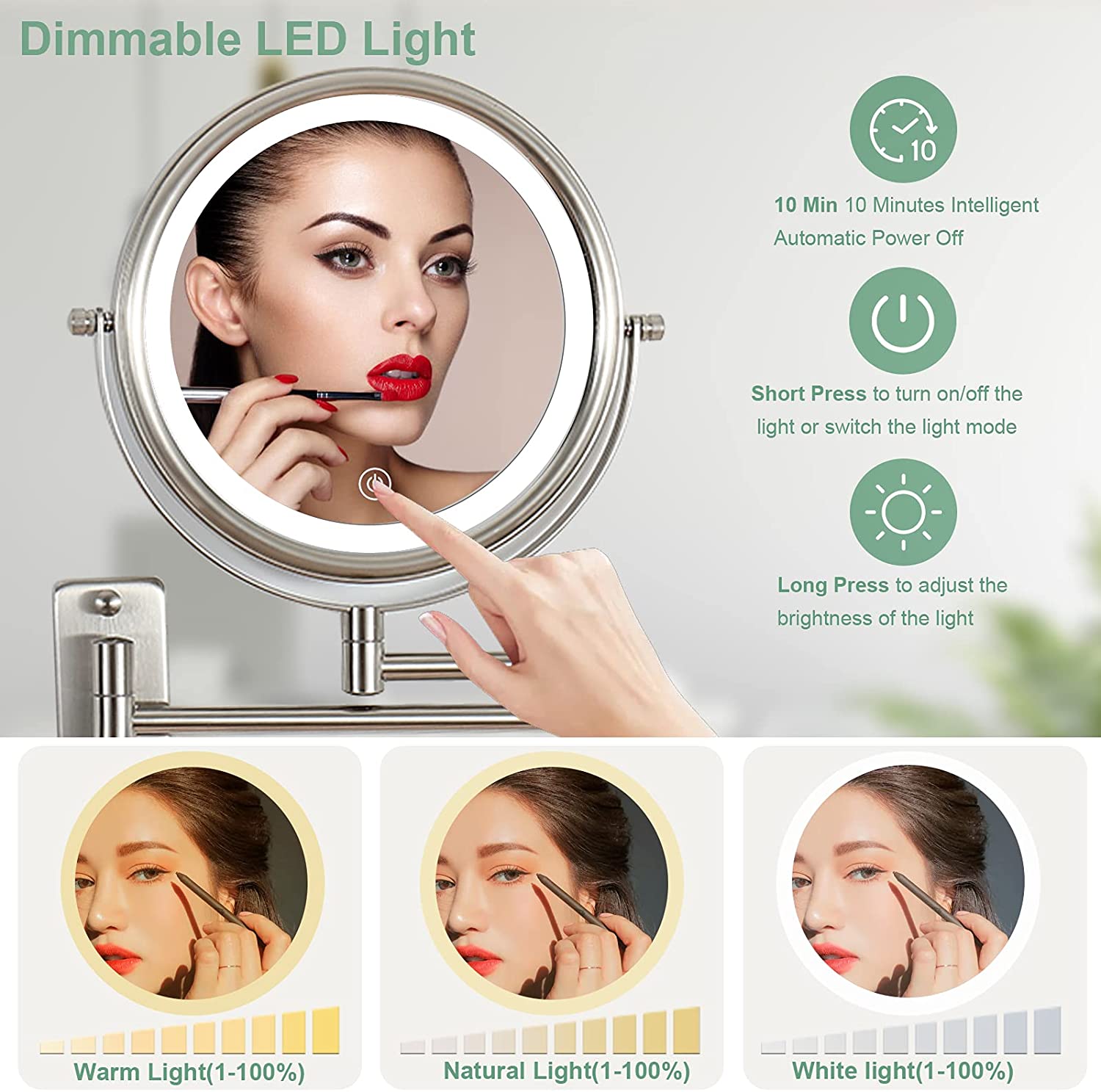Wall Mounted Lighted Makeup Mirror 10X LED Magnifying Mirror with 3 Color Lights, Double Sided ...