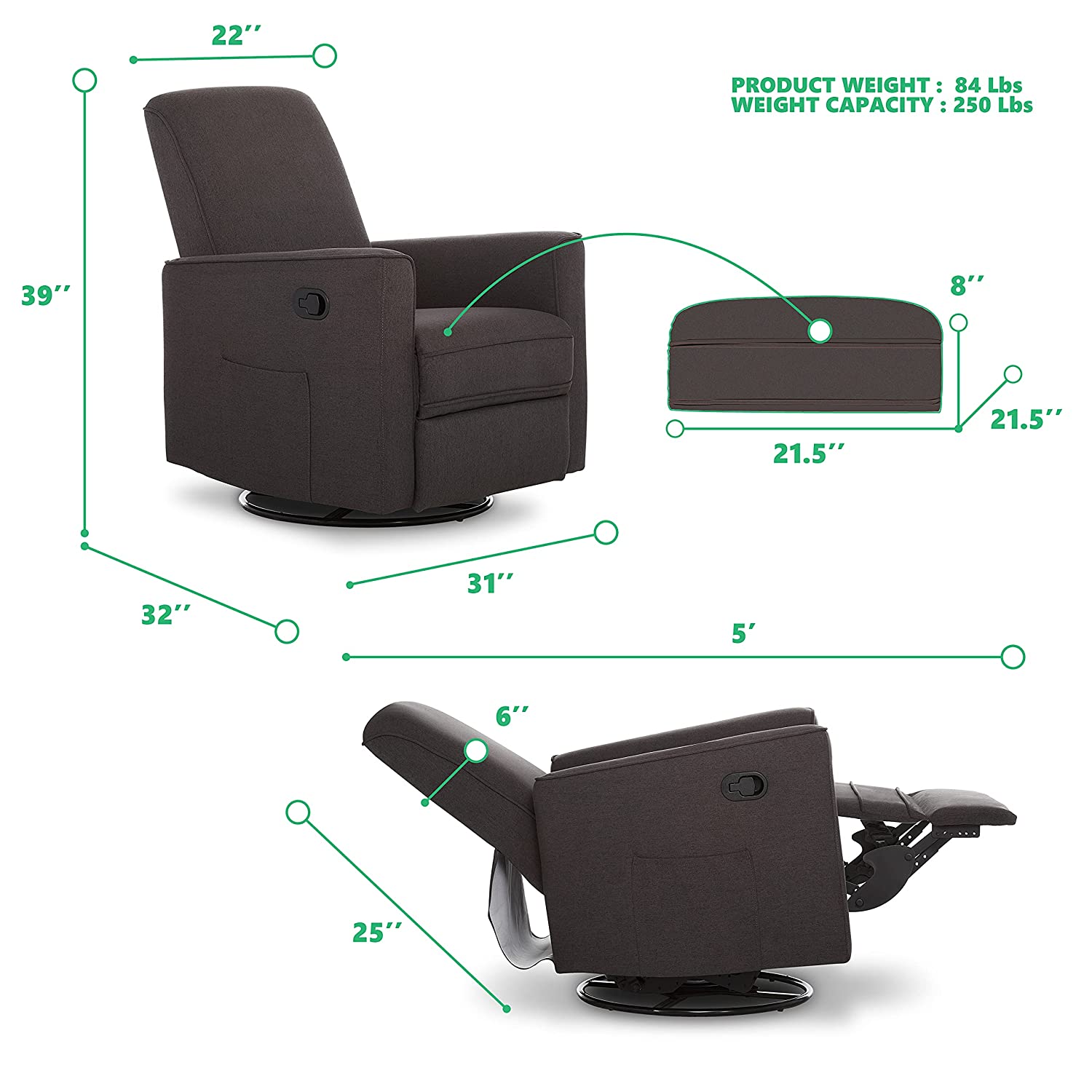 Evolur Raleigh Basic Glider, Recliner and Rocker in Charcoal