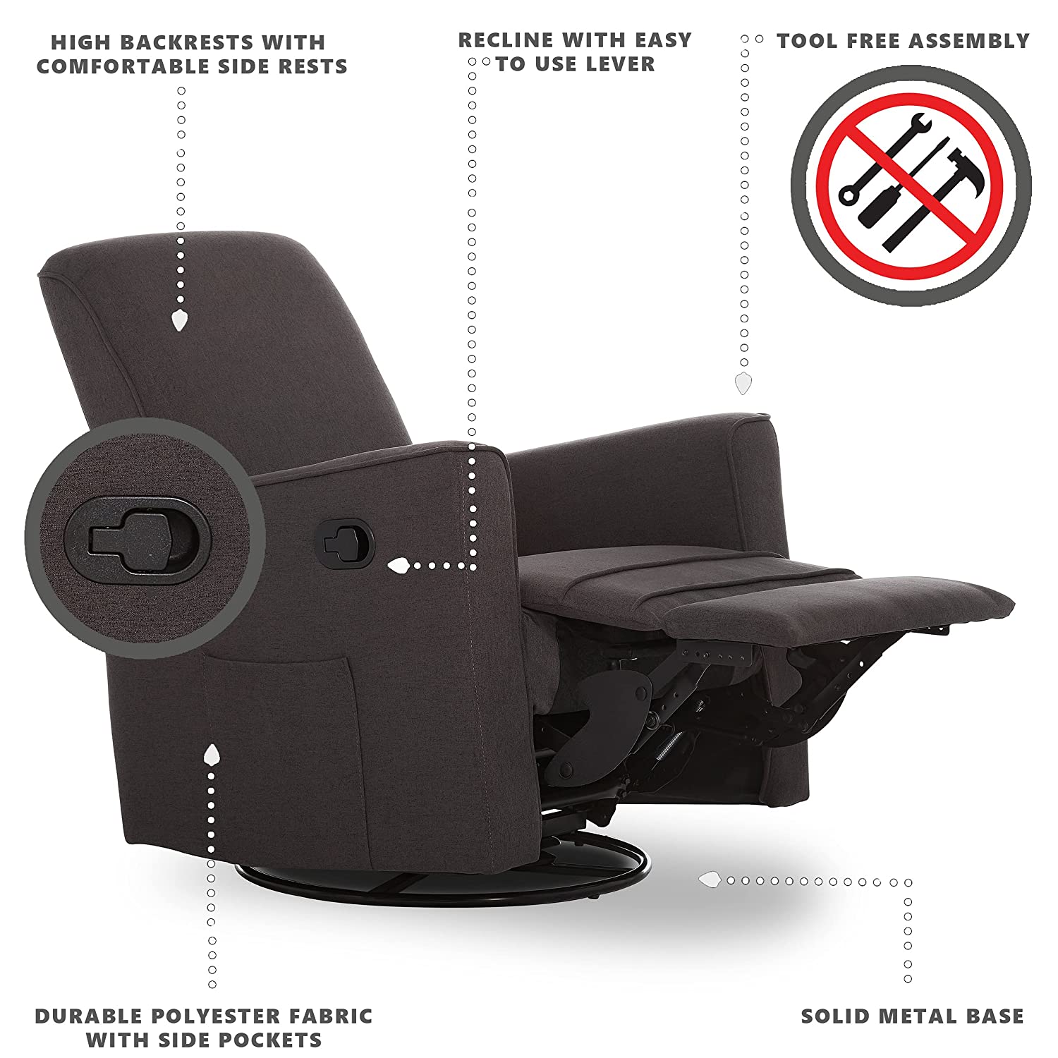 Evolur Raleigh Basic Glider, Recliner and Rocker in Charcoal