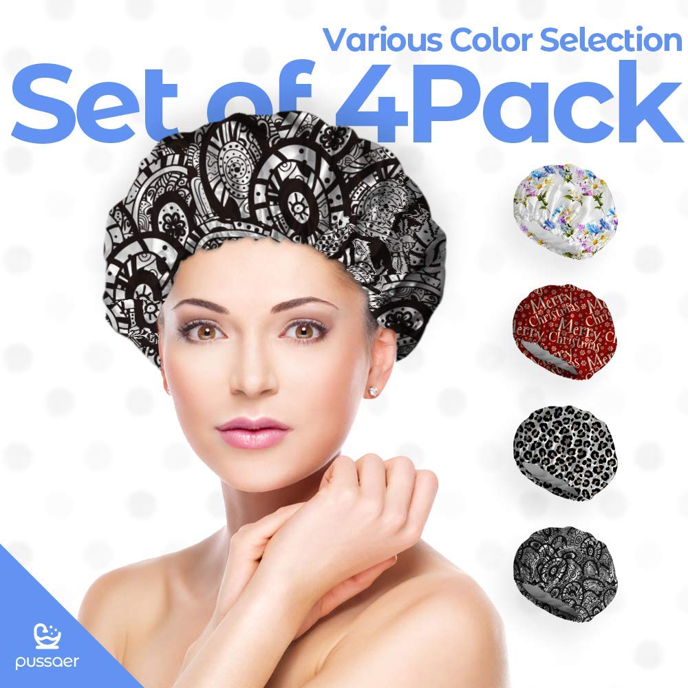 PUSSAER 4Pack Printed Shower Cap for Women Long Hair, Reusable EVA ...