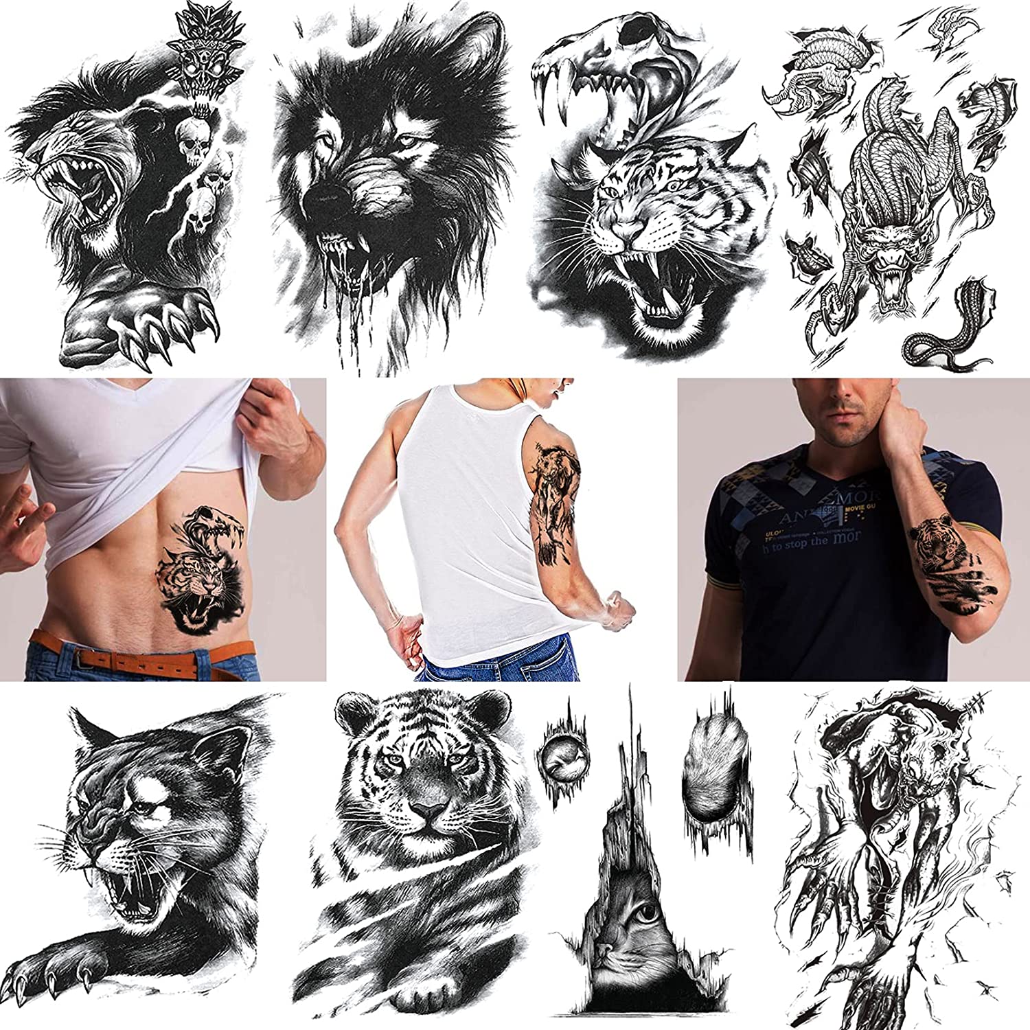 Kotbs 8 Sheets Temporary Tattoos Animals Tiger Skull Leopard Dragon ...