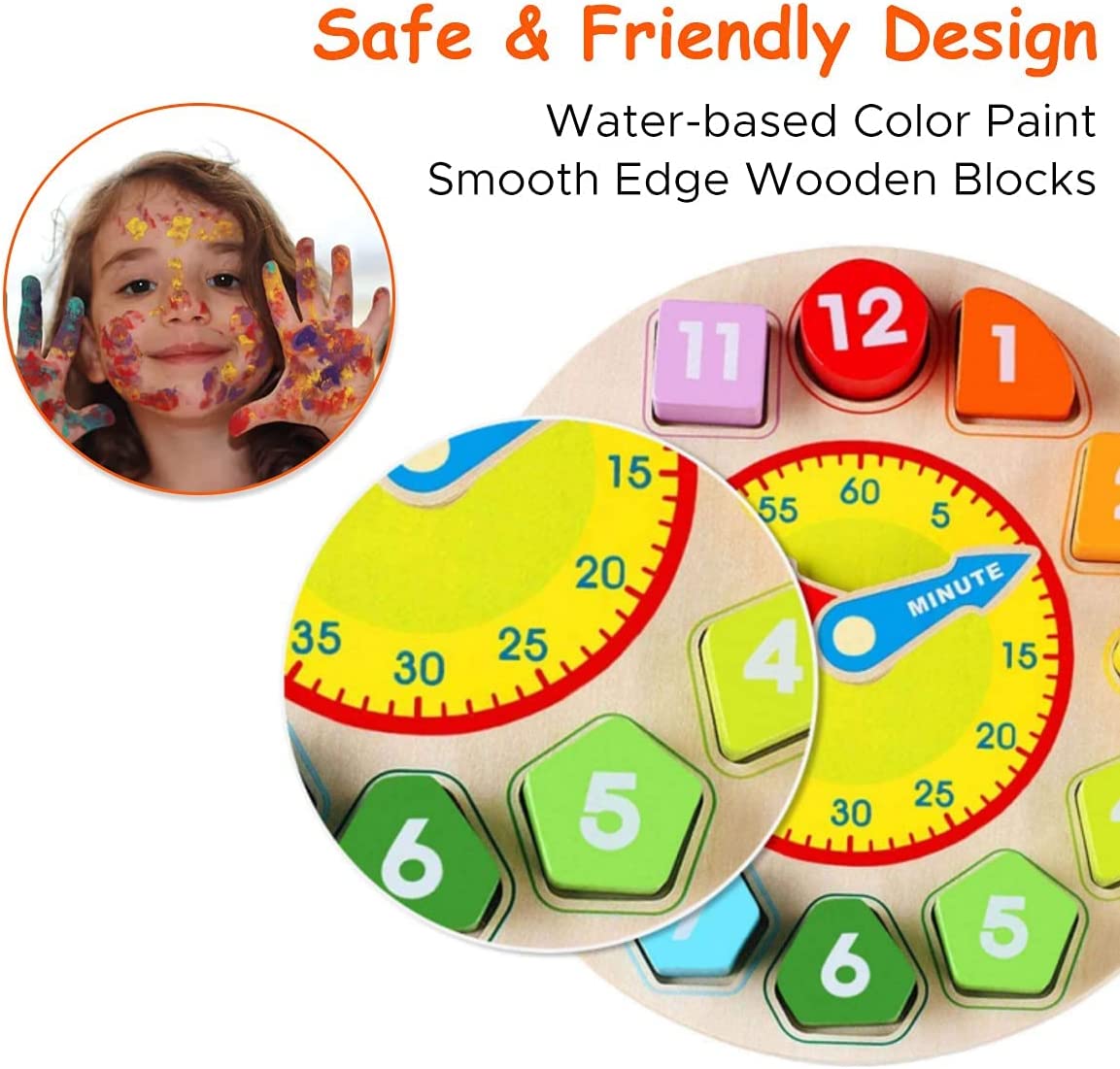 SGVV90 Wooden Shape Color Sorting Clock- Teaching Time Clock Wooden ...