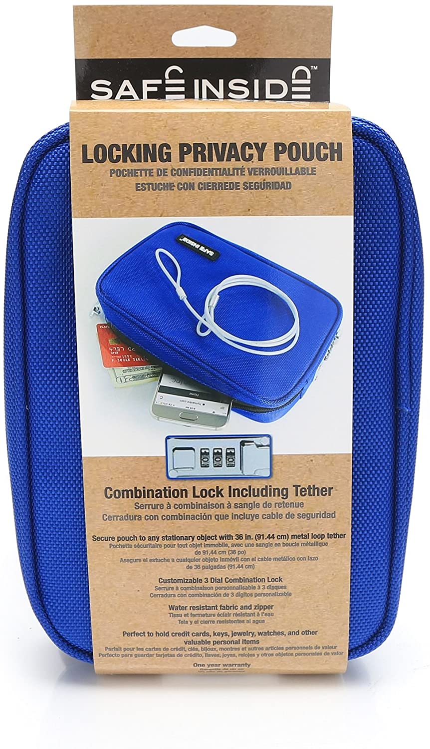 Safe Inside, Locking Privacy Pouch with Steel Tether Cable, Medium, Blue