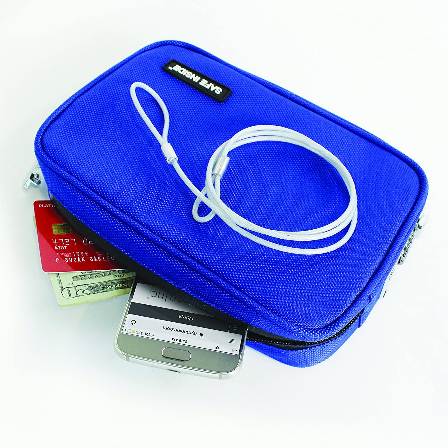 Safe Inside, Locking Privacy Pouch with Steel Tether Cable, Medium, Blue