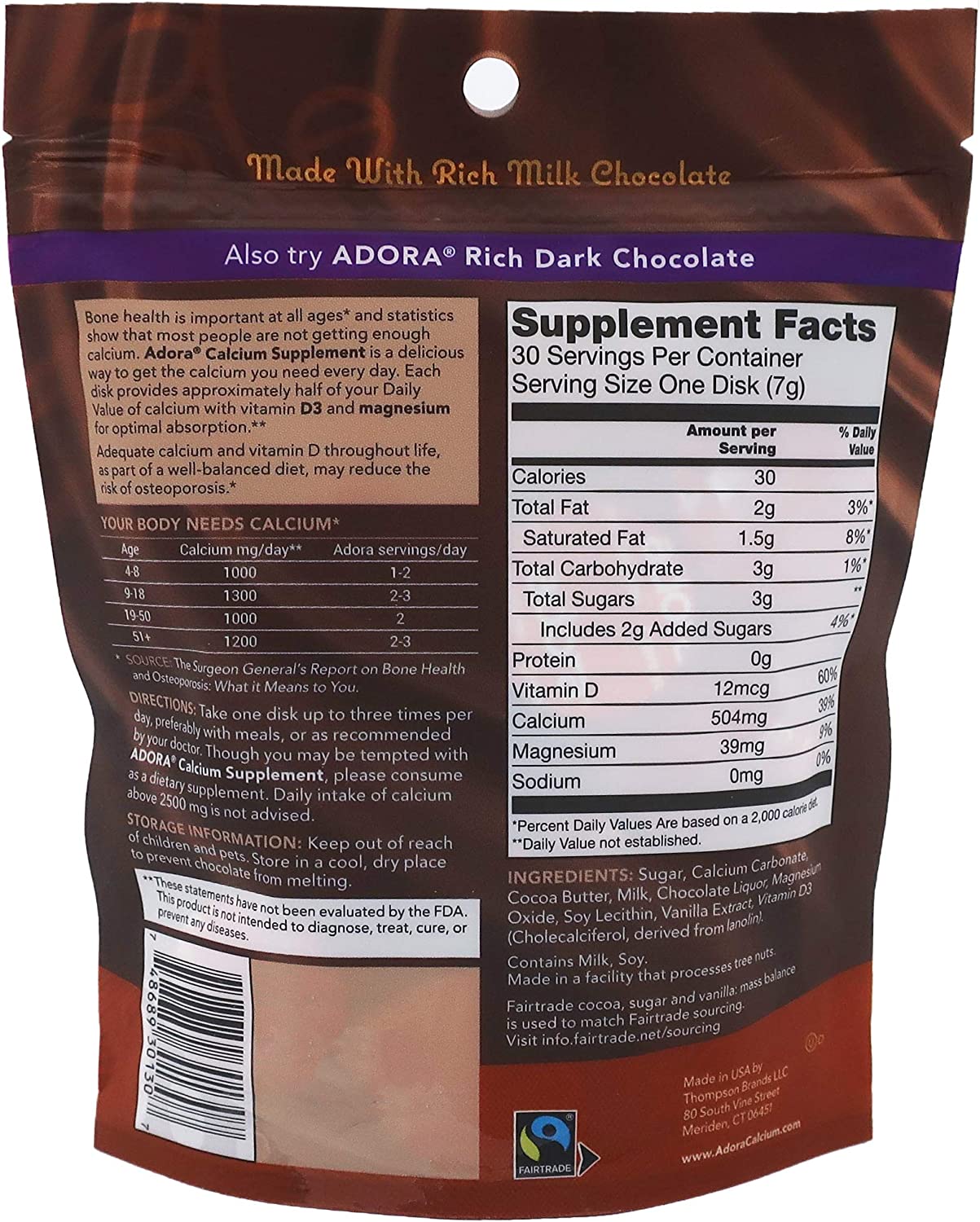 Adora Calcium Supplement, Fairtrade Milk Chocolate, Single Pack - 30 ct