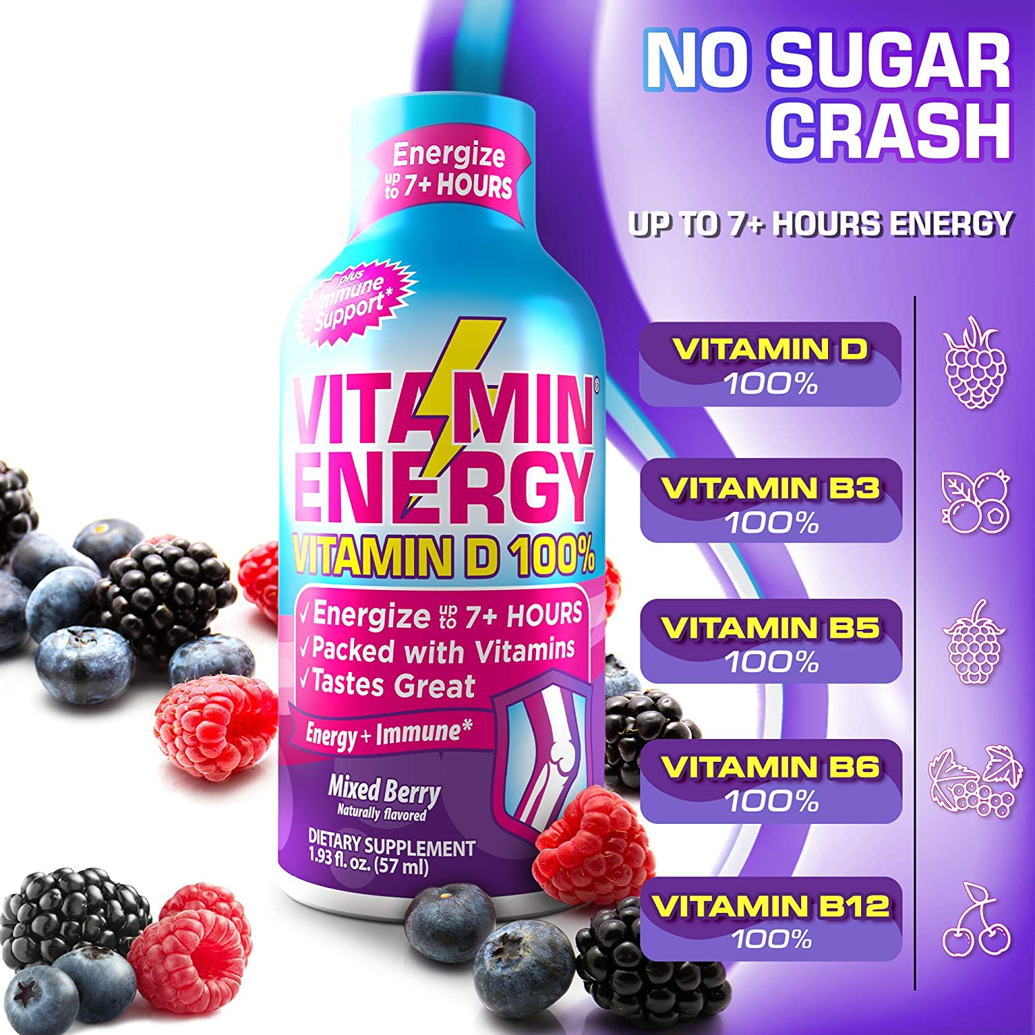 Vitamin Energy Vitamin D 100% Energy Drink Shots, Mixed Berry Flavored ...